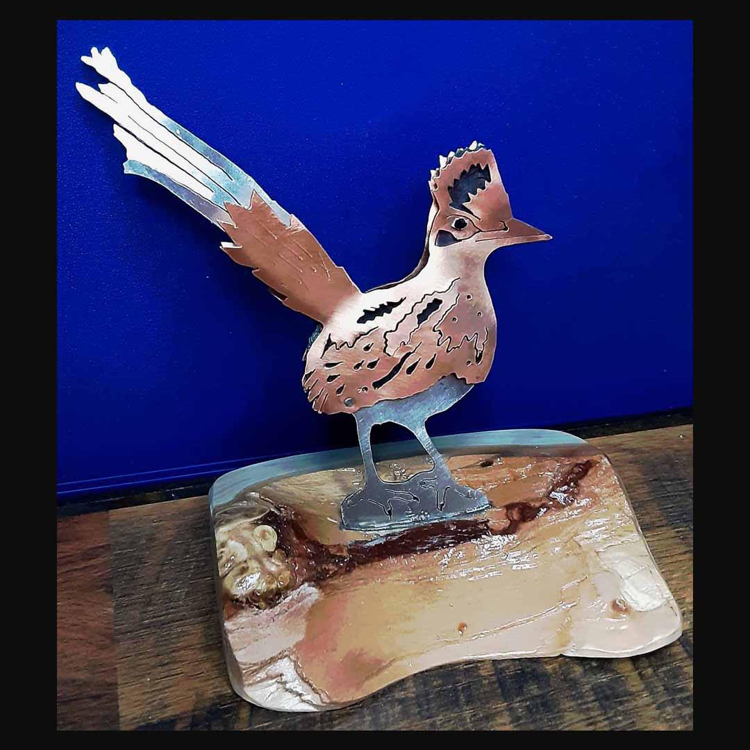 211 Copper Roadrunner Sculpture on Wood Base – Weems Gallery and Framing